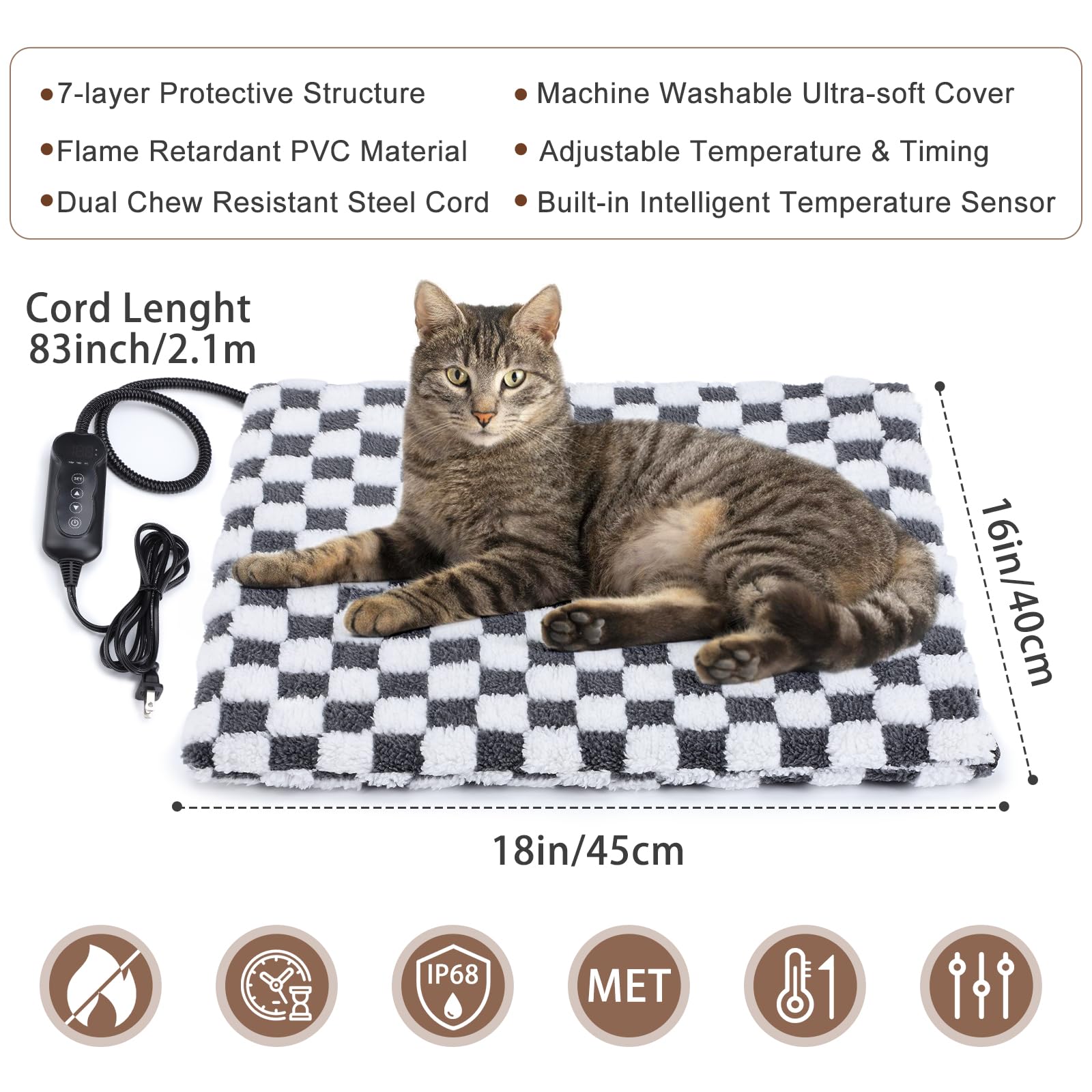 MIXJOY Heated Cat Bed, 11 Adjustable Temperature Cat Heating Pad Indoor with Timer, Pet Heating Pad for Cats Dogs, Electric Dog Heating Pad with Washable Cover, Heated Pet bed-18''x16'', Small