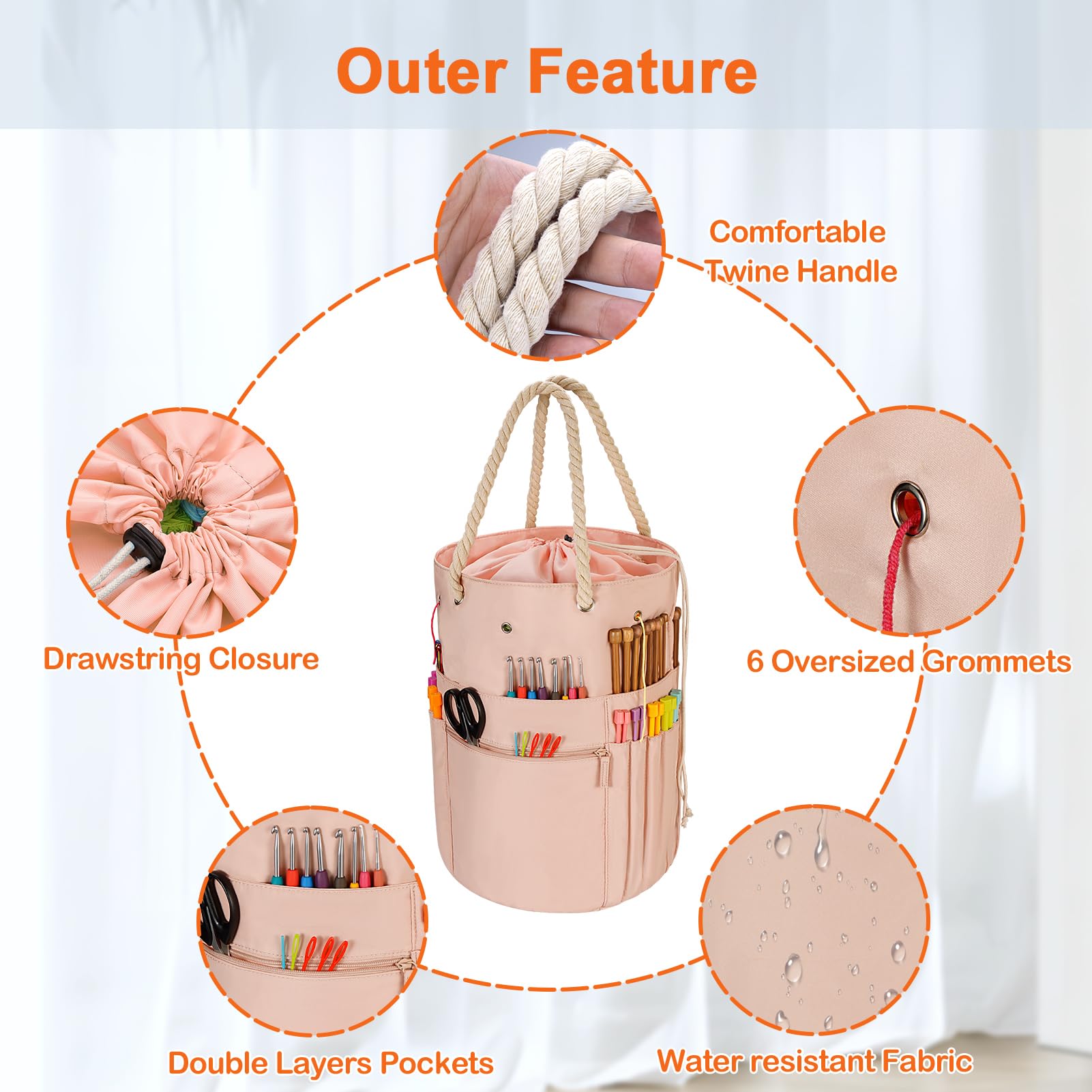 KENOBE Knitting Bag Crochet Organizer, Portable Large Capacity Travel Yarn Storage Holder Tote for Knitting Accessories Supplies, Needles Hooks Essentials, Crochet Project Case, Rose Gold