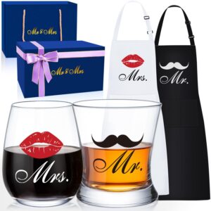 lighten life wedding engagement gifts for couples,mr & mrs appron and wine whiskey glass set,anniversary present for newlywed,bridal shower gifts,mr and mrs gift set