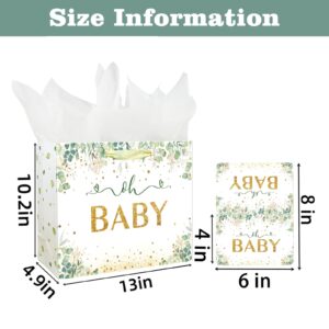 13" Large Baby Boy Girl Gift Bag for Baby Shower or Birthday with Handle, Tissue Paper and Greeting Card (Sage Green Design)