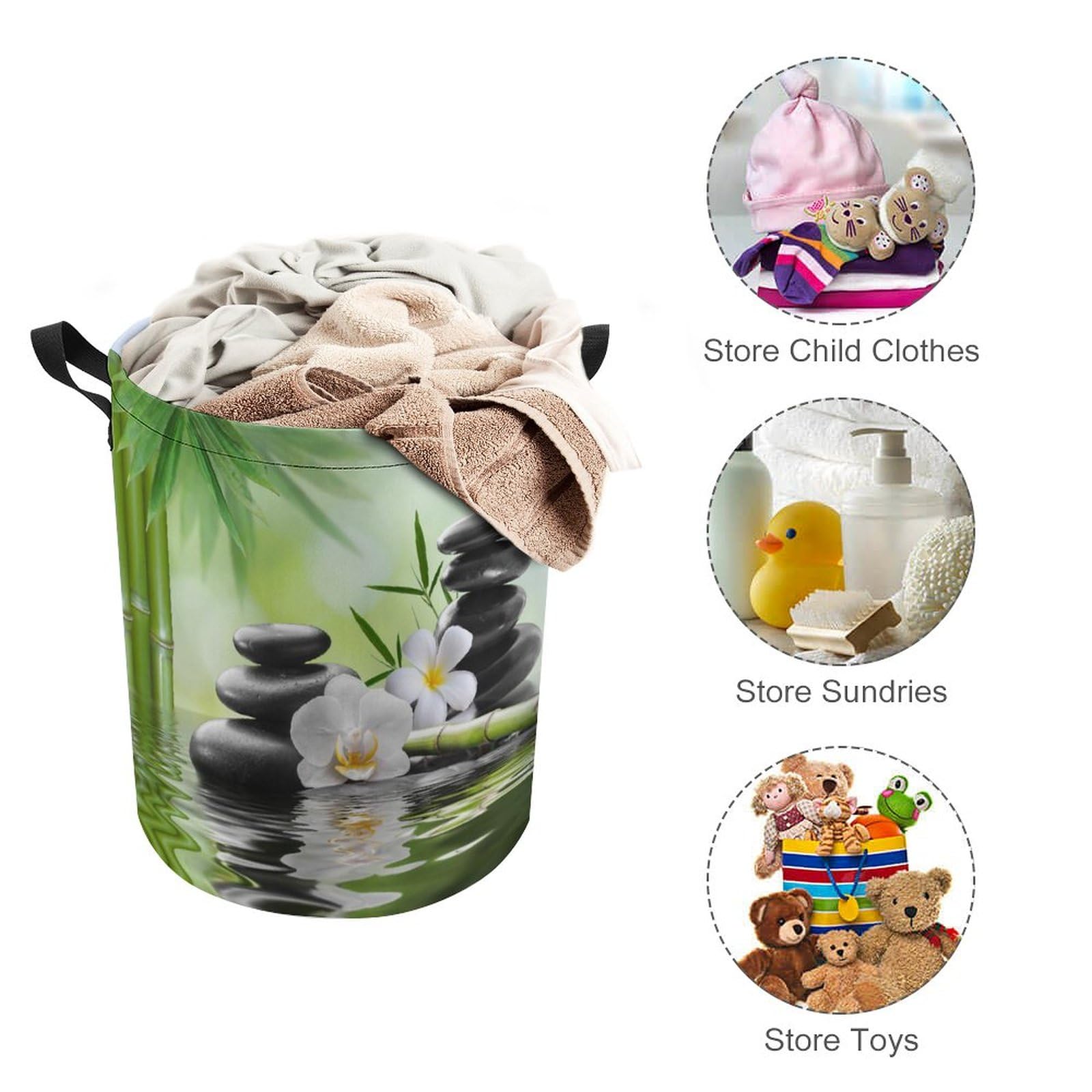 Zen Spring Garden Foldable Waterproof Laundry Basket Japanese Style Spa Black Stone White Flower Green Bamboo Print for Blanket Toys Dirty Clothes in Living Room Bathroom Bedroom One Size