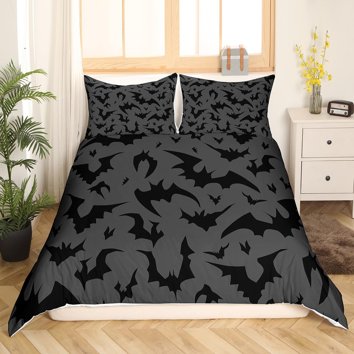 Bats Pattern Bedding Set,Night Duvet Cover for Kids Teens Boys Girls,Bats Comforter Cover Decorative Room,Black and Gray Quilt Cover with 2 Pillowcases,King Size