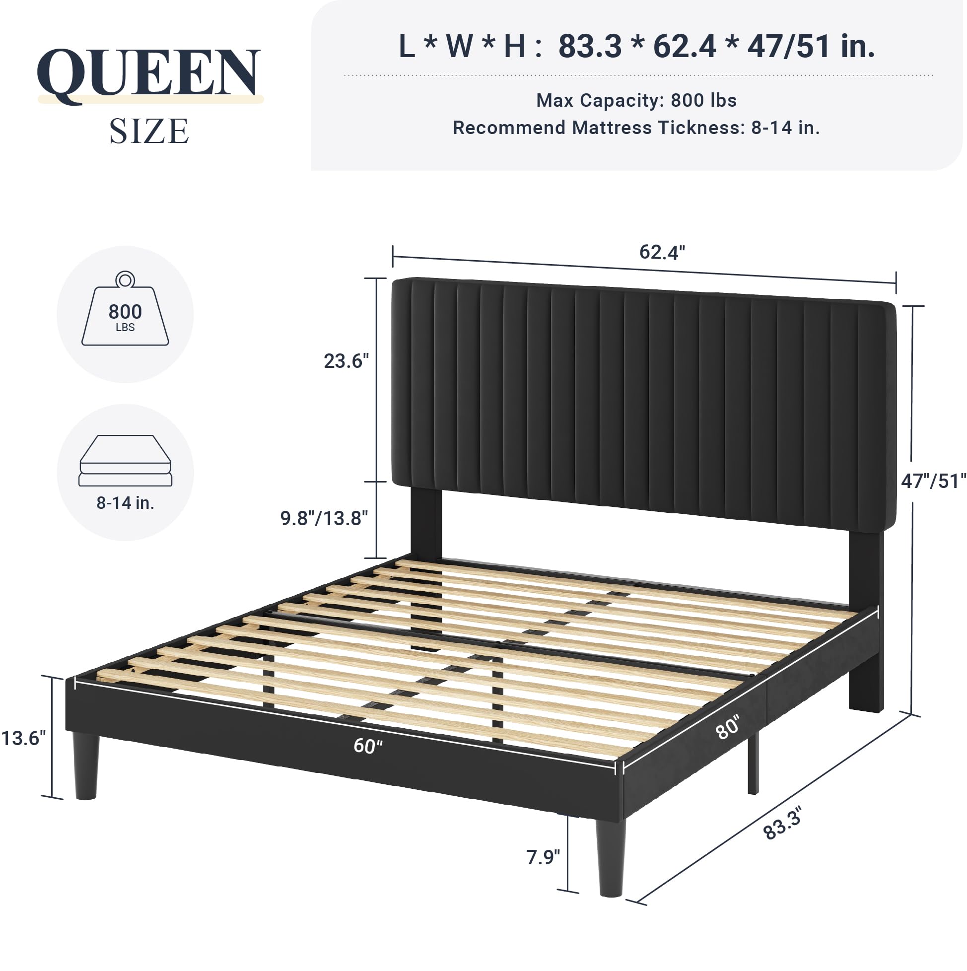 Allewie Queen Bed Frame, Velvet Upholstered Platform Bed with Vertical Channel Tufted Headboard, Mattress Foundation with Strong Wooden Slats, Box Spring Optional, Easy Assembly, Black