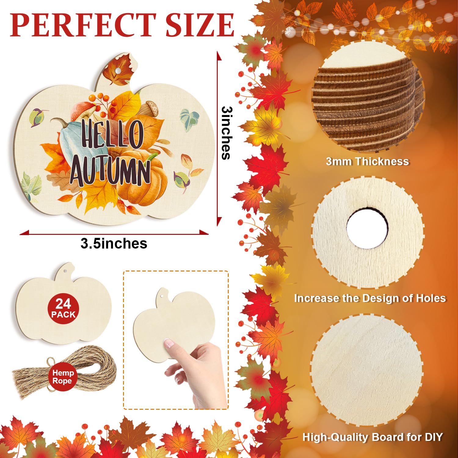 Wooden Pumpkins Ornaments to Paint Halloween Thanksgiving Decoration Cutouts Unfinished 24PCS 3.5 x 3 inches, DIY Blank Unfinished Pumpkin Wood Discs Ornament for Home Harvest Crafts Hanging Autumn De