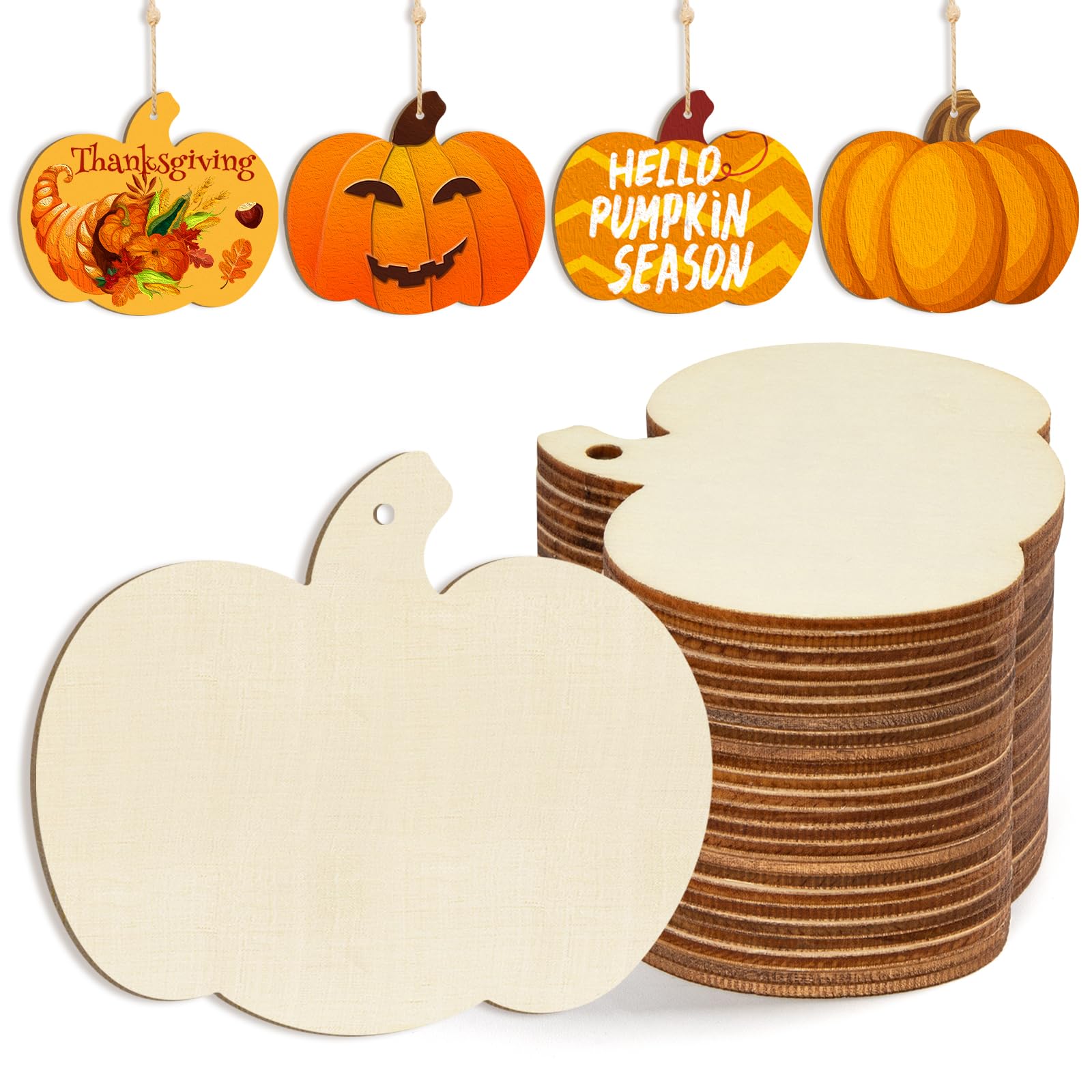 Wooden Pumpkins Ornaments to Paint Halloween Thanksgiving Decoration Cutouts Unfinished 24PCS 3.5 x 3 inches, DIY Blank Unfinished Pumpkin Wood Discs Ornament for Home Harvest Crafts Hanging Autumn De