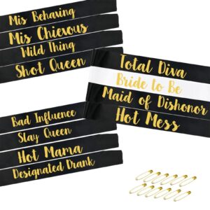 bachelorette sash set (12 pcs) - bride to be sash bachelorette party decorations - unique bride and bridesmaid sashes for bachelorette party (black, gold letters). ideal bridal shower supplies