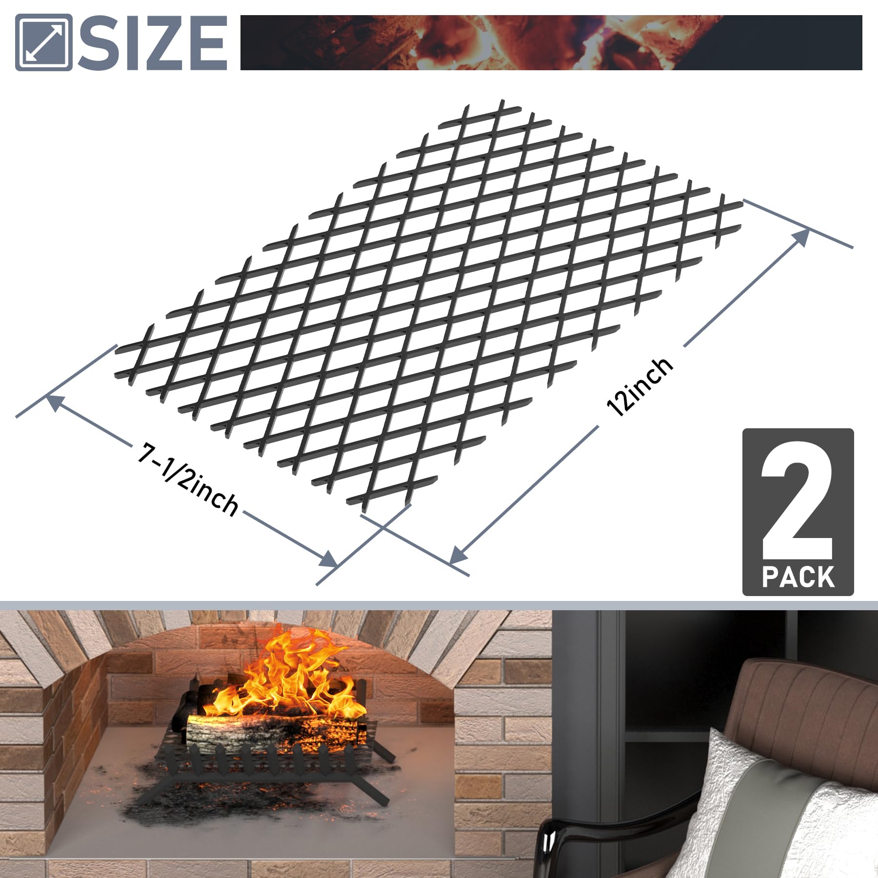 Flamorrow Ember Retainer for Fireplace Grates 12 x 7.5 inch, Metal Fireplace Grate Ember Retainer Mesh, Keep Burning Embers from Falling, Fire Place Accessories for Fire Pits, Camping, 2 Pack