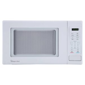 magic chef 0.9 cubic feet 900 watt stainless countertop microwave oven for compact spaces with 6 pre programmed cooking modes, white