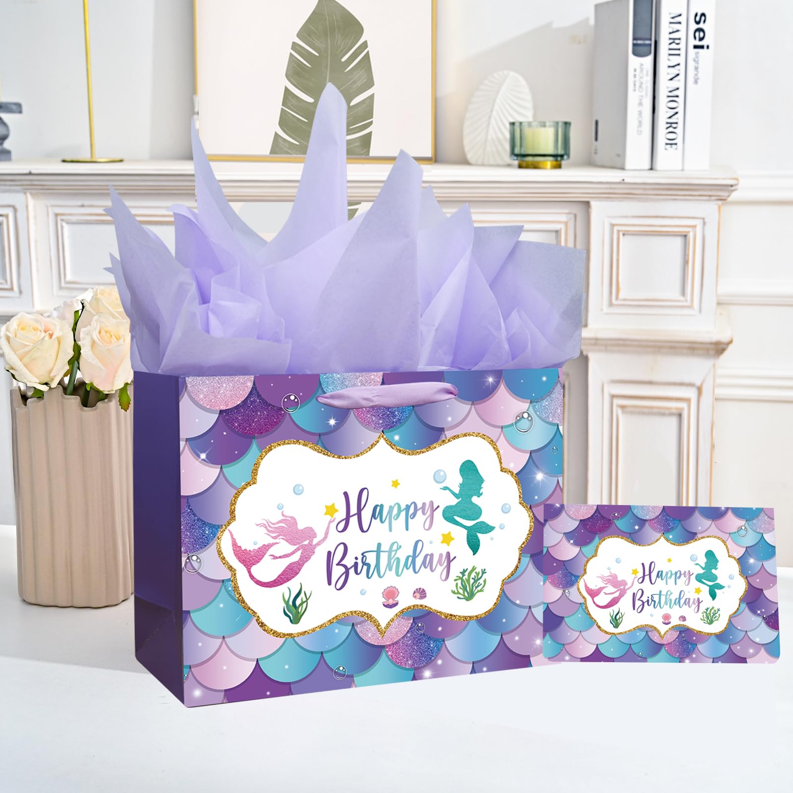 13" Large Mermaid Happy Birthday Gift Bag with Handle, Tissue Paper and Card for Kids Girls