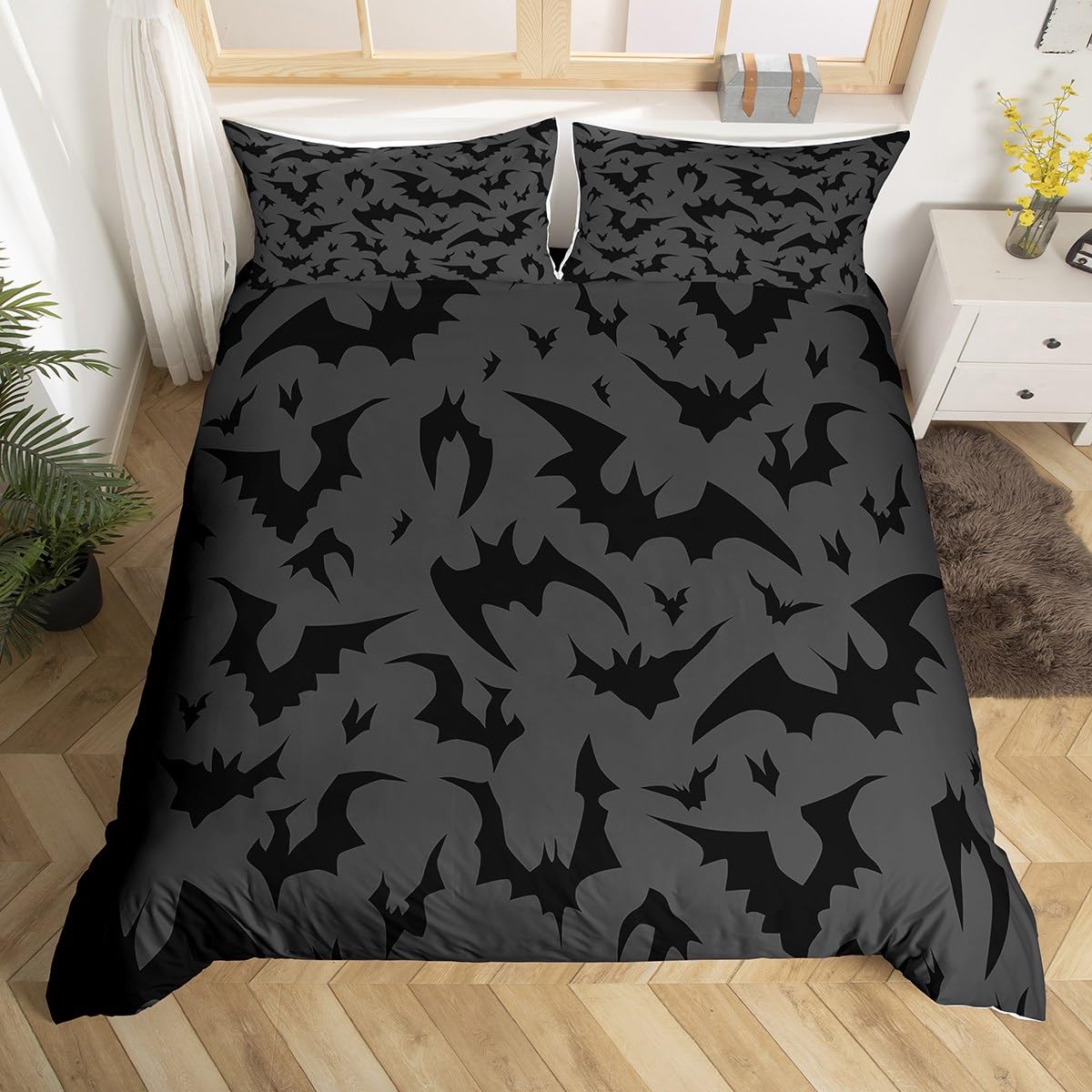 Bats Pattern Bedding Set,Night Duvet Cover for Kids Teens Boys Girls,Bats Comforter Cover Decorative Room,Black and Gray Quilt Cover with 2 Pillowcases,King Size