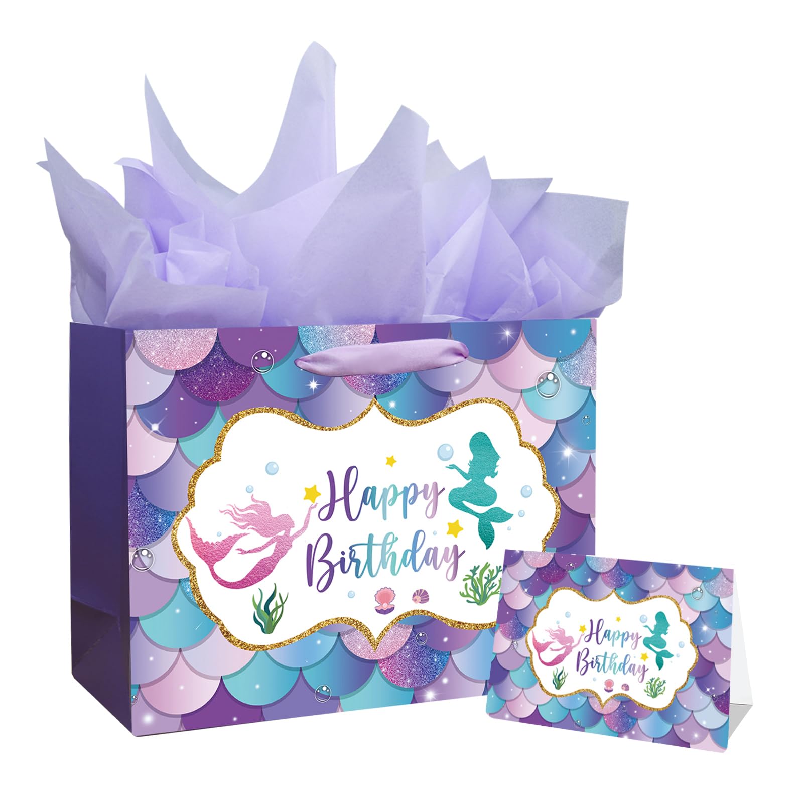 13" Large Mermaid Happy Birthday Gift Bag with Handle, Tissue Paper and Card for Kids Girls