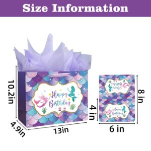 13" Large Mermaid Happy Birthday Gift Bag with Handle, Tissue Paper and Card for Kids Girls