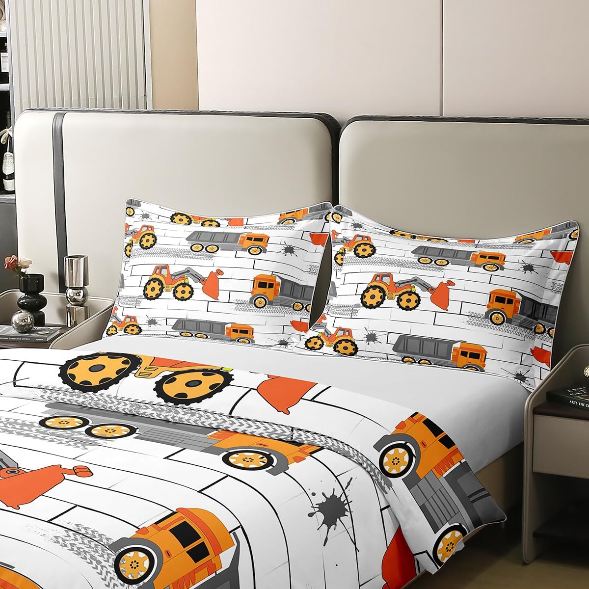 Excavators 100% Natural Cotton Duvet Cover Queen Size Tractor and Truck Comforter Cover with 2 Pillowcases Machinery Cars Construction Vehicle Bedding Set 3 Pcs Bed Cover