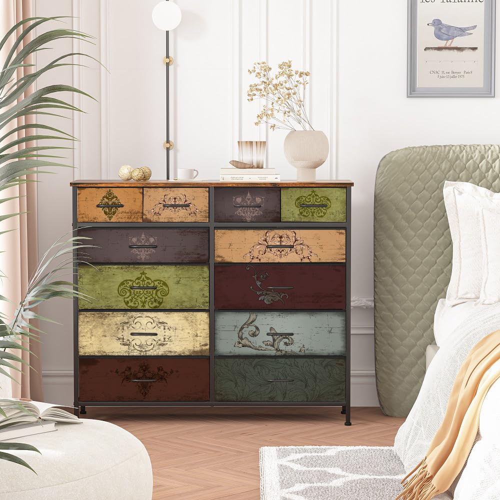 VASICAR Dresser for Bedroom with 12 Drawers, Tall Fabric Drawer Dresser, Chest of Drawers for Closet, Nursery, Bedside, Living Room, Entryway, Hallway (Pattern)