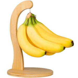 golden nature banana holder w/ hanging hook, rustic wooden grape stand for kitchen countertop, bamboo banana hanger to keep bananas & fruits fresh