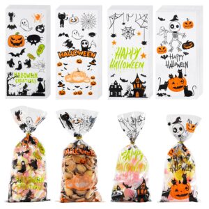 onfaon halloween cellophane treat bags, 180pcs halloween trick or treat goody gags with 200pcs twists for snacks cookies packing, halloween goodie bags party supplies (180pcs)