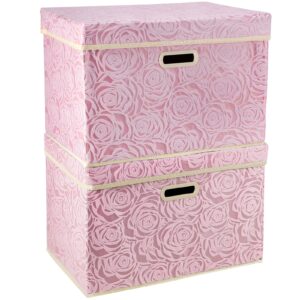 fassave foldable storage bins with lids, 2 packs fabric storage container basket cube with handles for office, bedroom, closet (medium-2 pack, pink pattern)