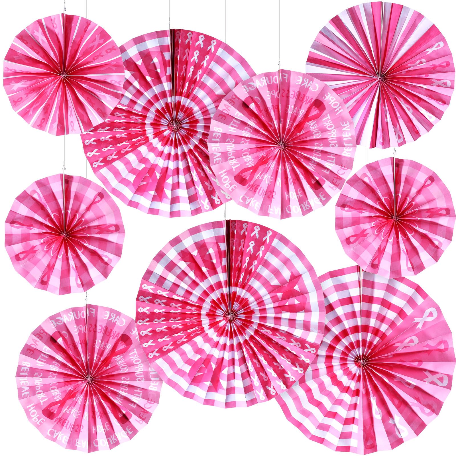 Outus 9 Pcs Breast Cancer Awareness Paper Fans Pink Ribbon Hanging Decorations Breast Cancer Hanging Paper Fans Ceiling Wall Garland for Pink Breast Cancer Party Decorations and Supplies