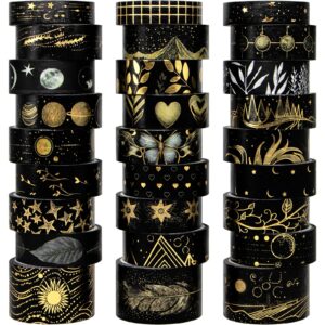 nanynnu black washi tape set, 27 rolls black gold foil decorative masking tape for bullet journaling, scrapbooking supplies, watercolor painting