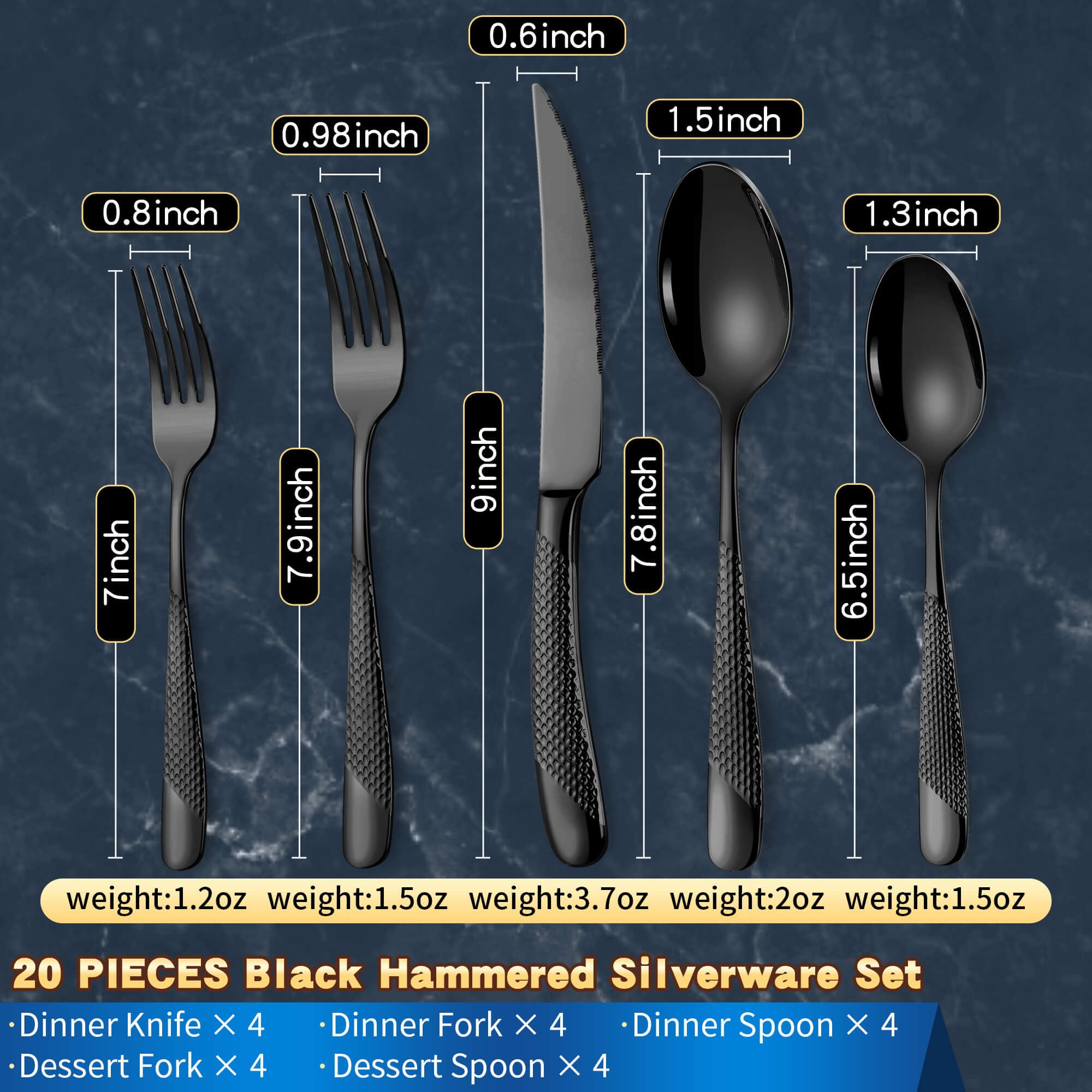 Lemeya 20-Piece Hammered Black Silverware Set for 4 with Serrated Forging Knives,18/10 Stainless Steel Modern Flatware Set,Unique Cutlery Set Spoons and Forks Set,Mirror Polished,Dishwasher Safe