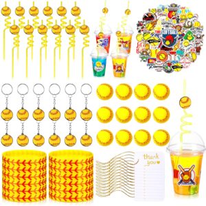 sliner 122 pcs softball party favors sets includes plastic cups with dome lids straws stickers mini rubber bracelets softball keychain thank you tag for softball party birthday decoration