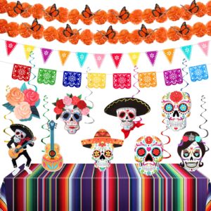 30 pcs day of the dead decorations set altar de ofrendas marigold garland mexican banners serape tablecloth skull hanging swirl monarch butterfly for dia de los muertos fiesta party(orange)