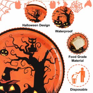 Homlouue 200 PCS Halloween Plates and Napkins, Black Pumpkin Paper Plates for Halloween Party Decoration, Halloween Party Supplies Serve 50, Halloween Party Plates with Bat & Cat Design