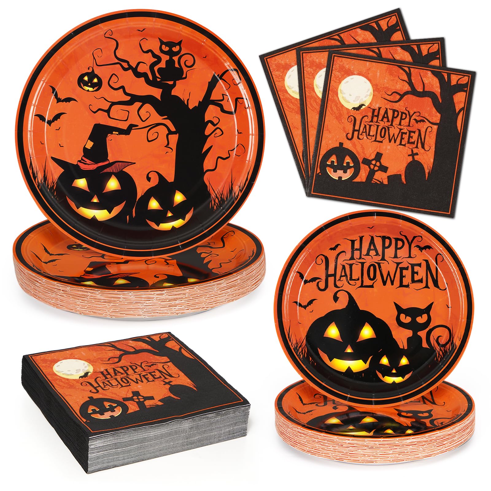 Homlouue 200 PCS Halloween Plates and Napkins, Black Pumpkin Paper Plates for Halloween Party Decoration, Halloween Party Supplies Serve 50, Halloween Party Plates with Bat & Cat Design