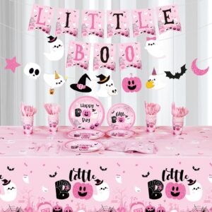 Geyee 173 Pcs Pink Halloween Party Supplies Serves 24 Include Pink Halloween Birthday Tablecloth Pumpkin Ghost Little Boo Banner Pink Halloween Plates Napkins Tableware Set for Halloween Baby Shower