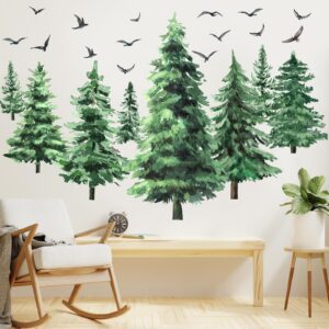 qilery watercolor pine tree wall decals large tree wall sticker peel and stick forest wall decal woodland branch birds wall sticker christmas tree wall stickers for bedroom living room (classic style)