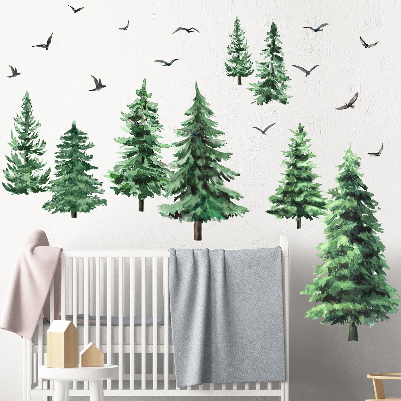 Qilery Watercolor Pine Tree Wall Decals Large Tree Wall Sticker Peel and Stick Forest Wall Decal Woodland Branch Birds Wall Sticker Christmas Tree Wall Stickers for Bedroom Living Room (Classic Style)