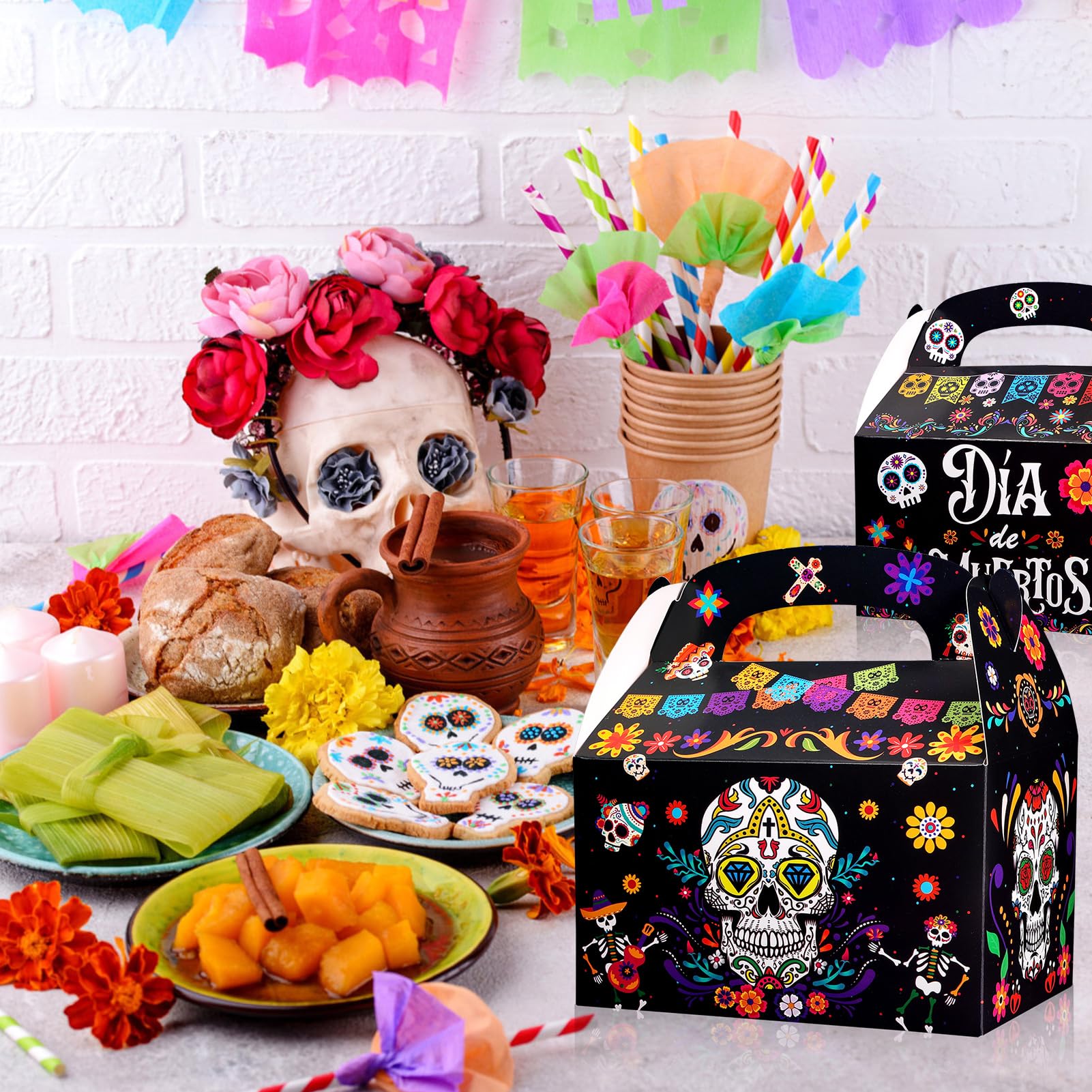 HOWAF Halloween Dia De Los Muertos Gift Boxes,12 pcs Day of The Dead Sugar Skull Treat Boxes for Dia De Los Muertos Mexican Themed Party Decoration Supplies