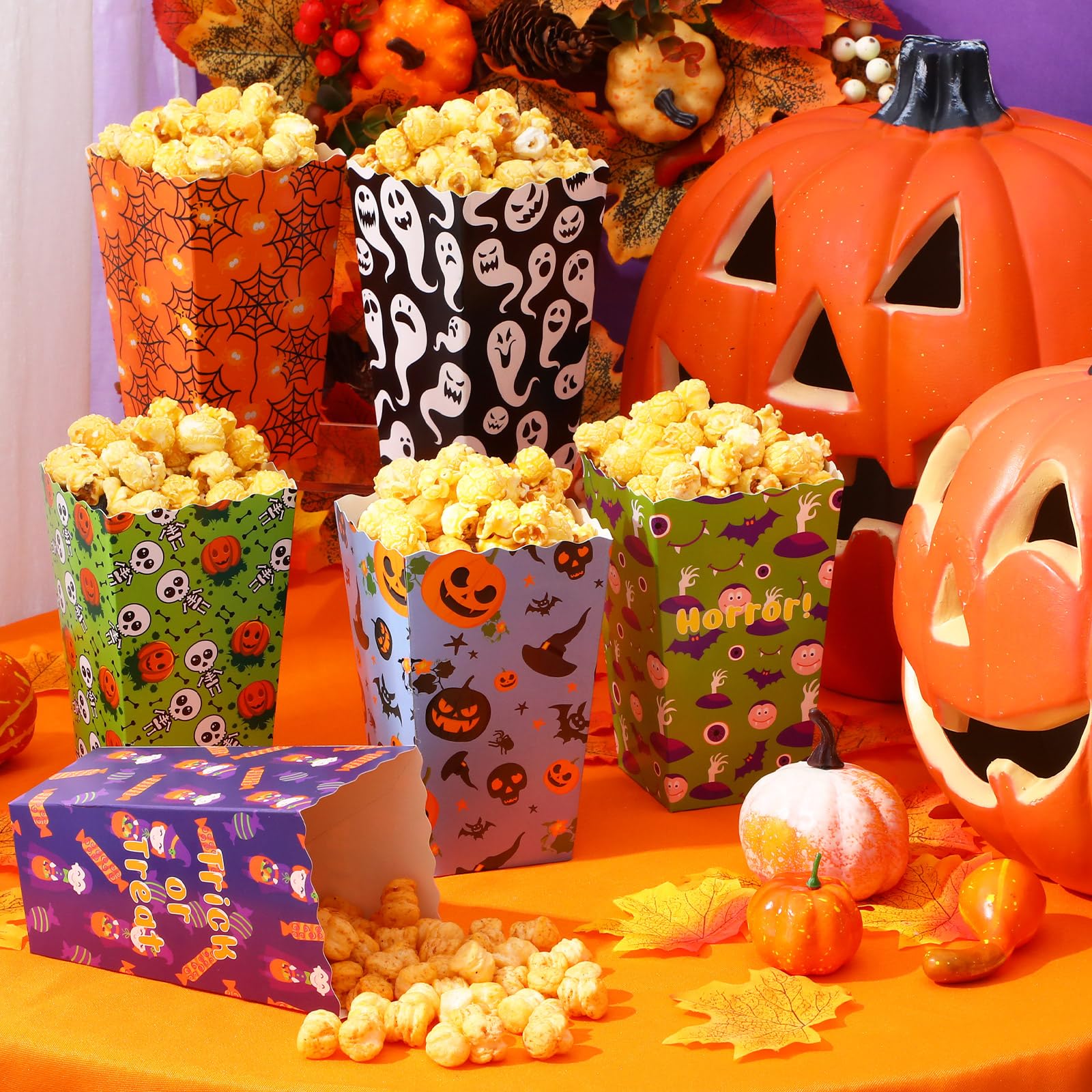 Roshtia 24 Pcs Halloween Theme Party Popcorn Favor Boxes in 6 Designs Trick or Treating Snack Treat Box Candy Cookie Container Event Party Favor Supplies, Halloween Snacks (Figure)