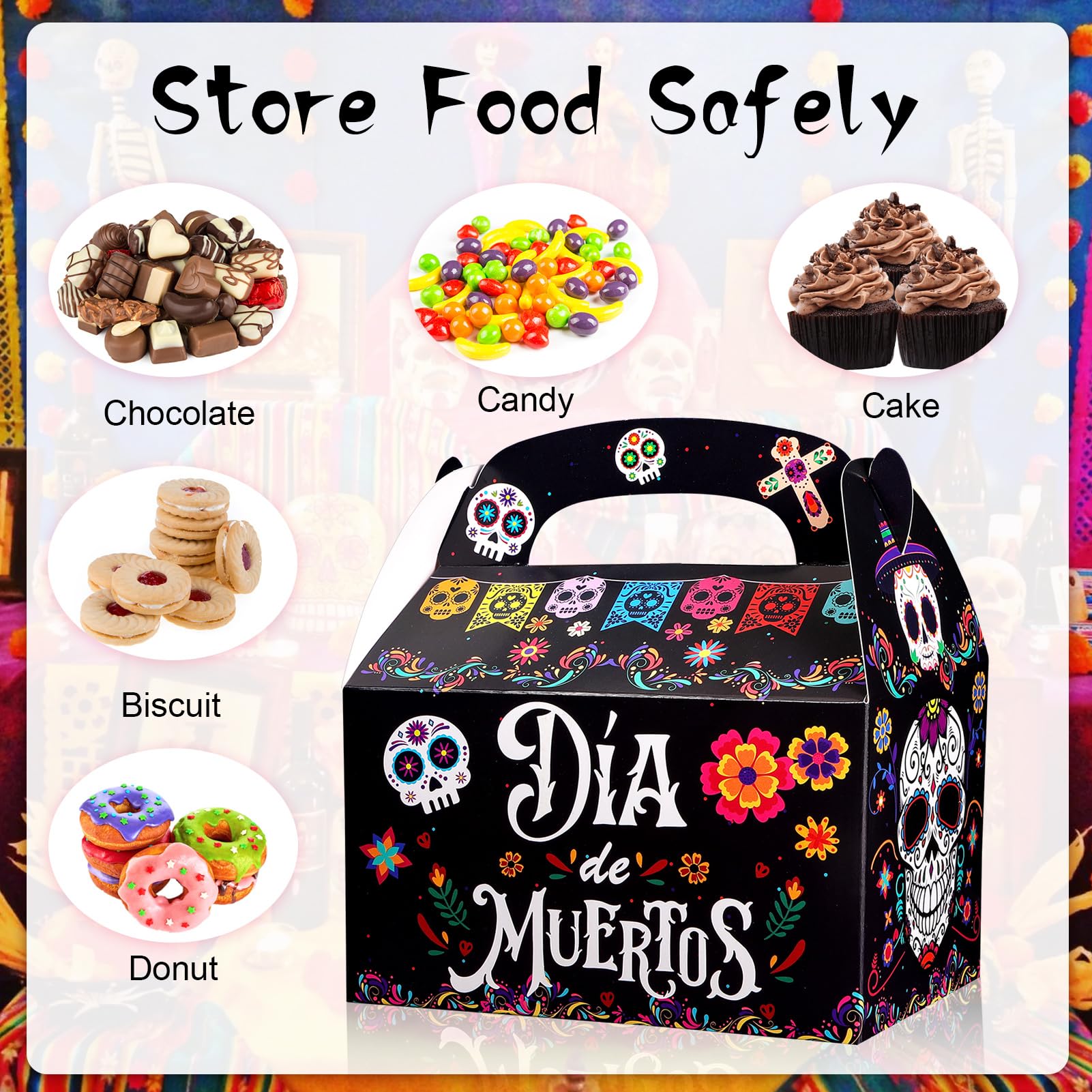 HOWAF Halloween Dia De Los Muertos Gift Boxes,12 pcs Day of The Dead Sugar Skull Treat Boxes for Dia De Los Muertos Mexican Themed Party Decoration Supplies