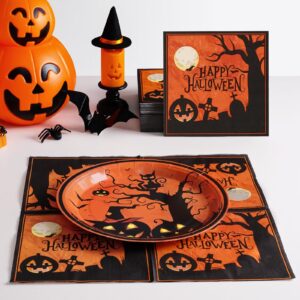 Homlouue 200 PCS Halloween Plates and Napkins, Black Pumpkin Paper Plates for Halloween Party Decoration, Halloween Party Supplies Serve 50, Halloween Party Plates with Bat & Cat Design