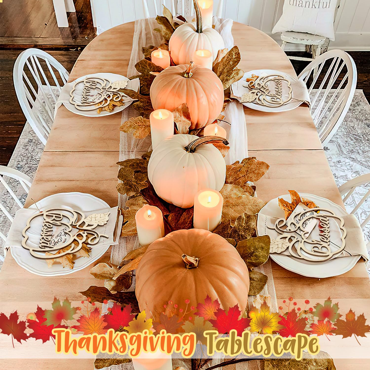 12 Pcs Thanksgiving Pumpkin Wooden Plate Decor Grateful Wood Cutouts Fall Autumn Thankful Blessed Favour Gather Party Place Card Table Settings Signs for Farmhouse Dining Table Holiday Harvest