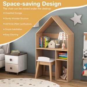 Costzon Kids Table and Chair Set, 2-in-1 House-Shaped Wooden Desk Set & Storage Organizer with Blackboard, Toddler Desk and Chair Set for Drawing, Reading, Gift for Boys Girls (Grey)