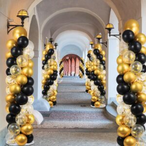 2 Sets Balloon Column Stand Kit with 100 Balloons Christmas Adjustable Balloon Tower Stand with Bases for Floor Black Gold Balloon Arch Column for 50th Birthday Wedding Back to School Holiday Party