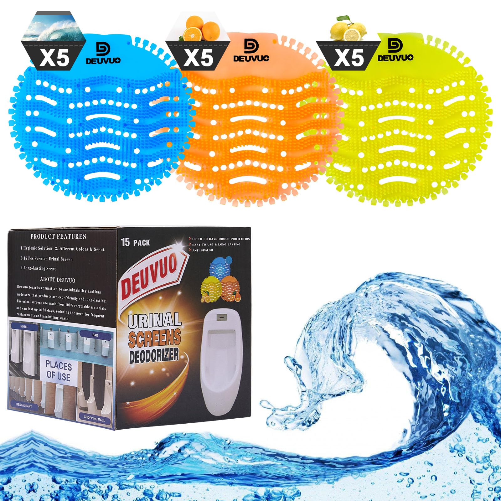 Deuvuo Urinal Screens Deodorizer (15 Pack) | Urinal Cakes Deodorizer 3D Wave Anti-Splash Odor Protection Urinal Mats for Toilets, Bathroom, Office Hotels | Long-lasting fragrance