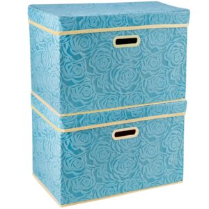 fassave foldable storage bins with lids, 2 packs fabric storage container basket cube with handles for office, bedroom, closet (medium-2 pack, blue pattern)