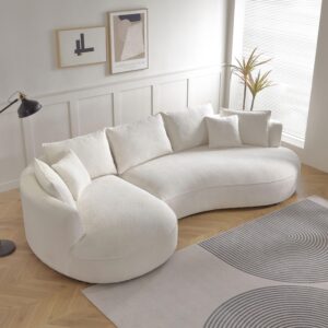 WILLIAMSPACE 124.8" Modern Curved Sofa Couch, Upholstery Boucle Sofa Couch with Pillows, Left Hand Facing Sectional Boucle Fabric Couch for Living Room (Left-Facing,Light Cream)