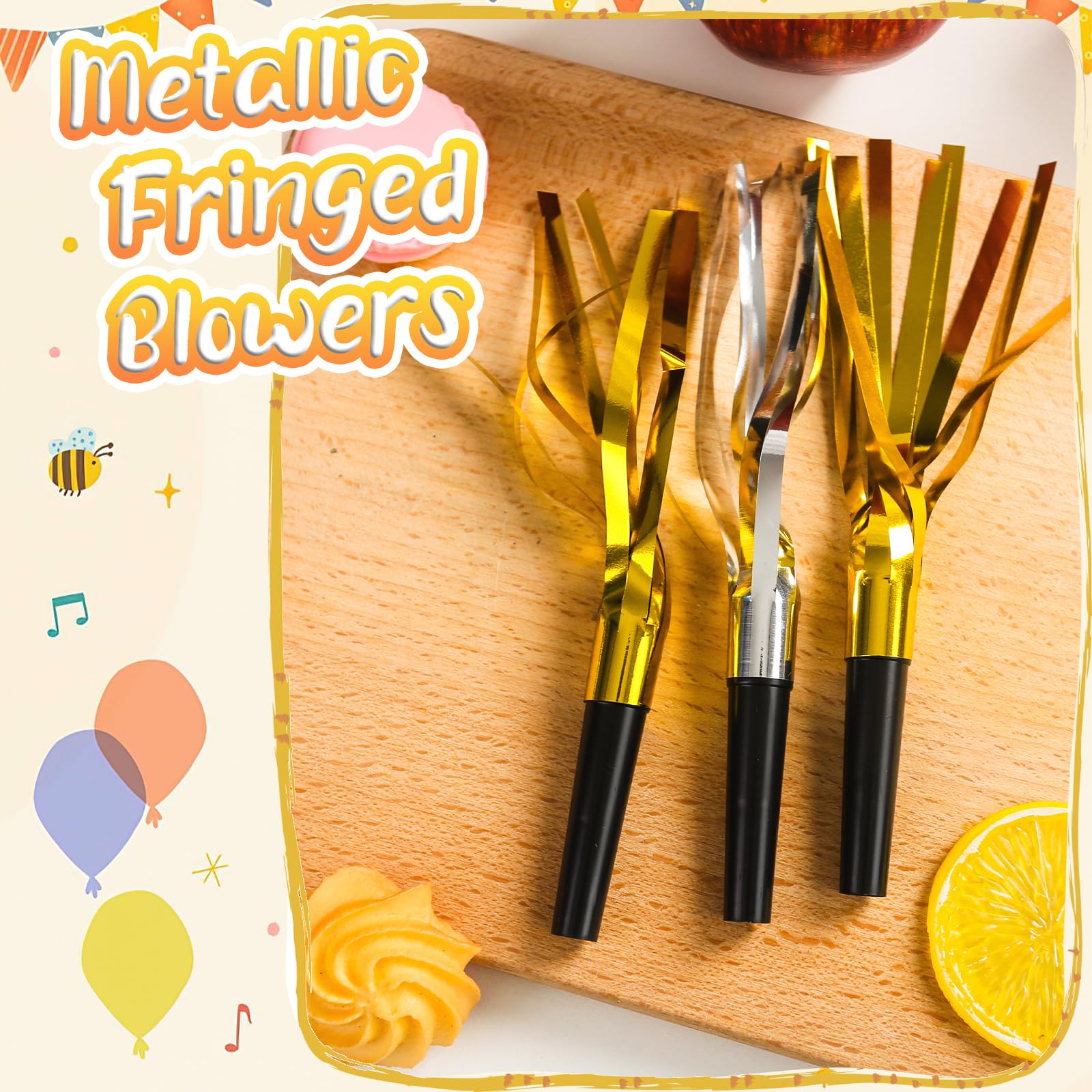 LovesTown 36PCS Metallic Fringed Party Blowers, Glitter Noise Makers Gold Silver Blowouts Whistles for Kids Adults Birthday New Year Sporting Events Graduation Party Supplies