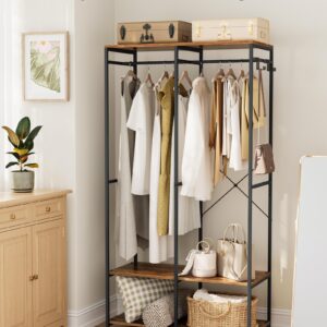 SONGMICS Clothes Rack, Iron and Wood Wardrobe Closet Organizer, Heavy Duty Garment Rack with Hanging Rods, Closet Shelves, Removable Hooks, 15.7 x 37.2 x 70.9 Inches, Rustic Brown URGR004B01