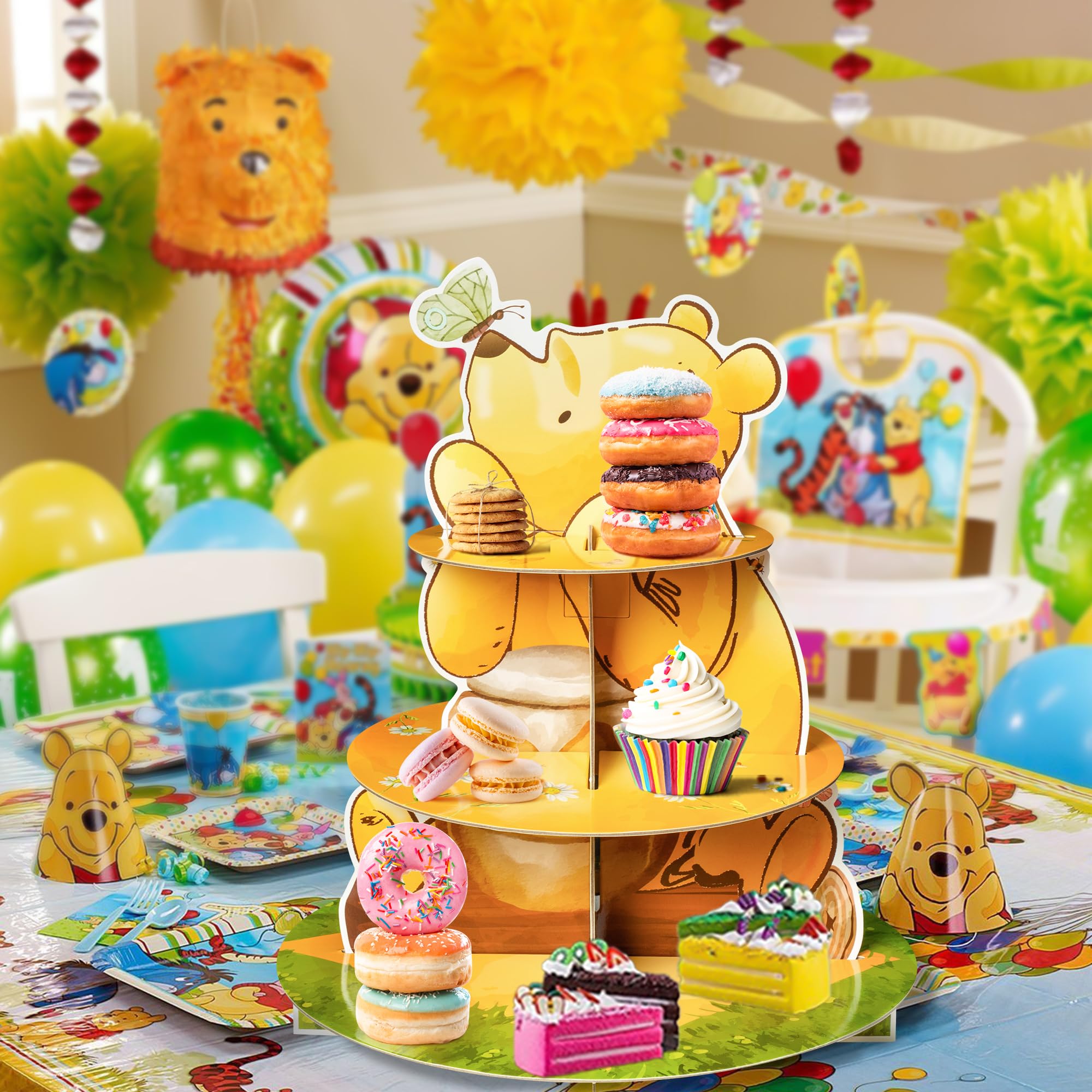 Z1juce Winnie Dessert Holder 3 Tier Winnie Party Dessert Holder Winnie Theme Cardboard Cake Stand for Birthday Party Decorations Winnie Cupcake Display for Boys Girls Birthday Party Supplies