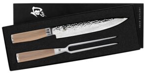 shun premier blonde 2 piece carving set, includes 9.5" premier slicing knife and carving fork, handcrafted japanese knife set, vg-max core with damascus stainless steel cladding, pakkawood handle