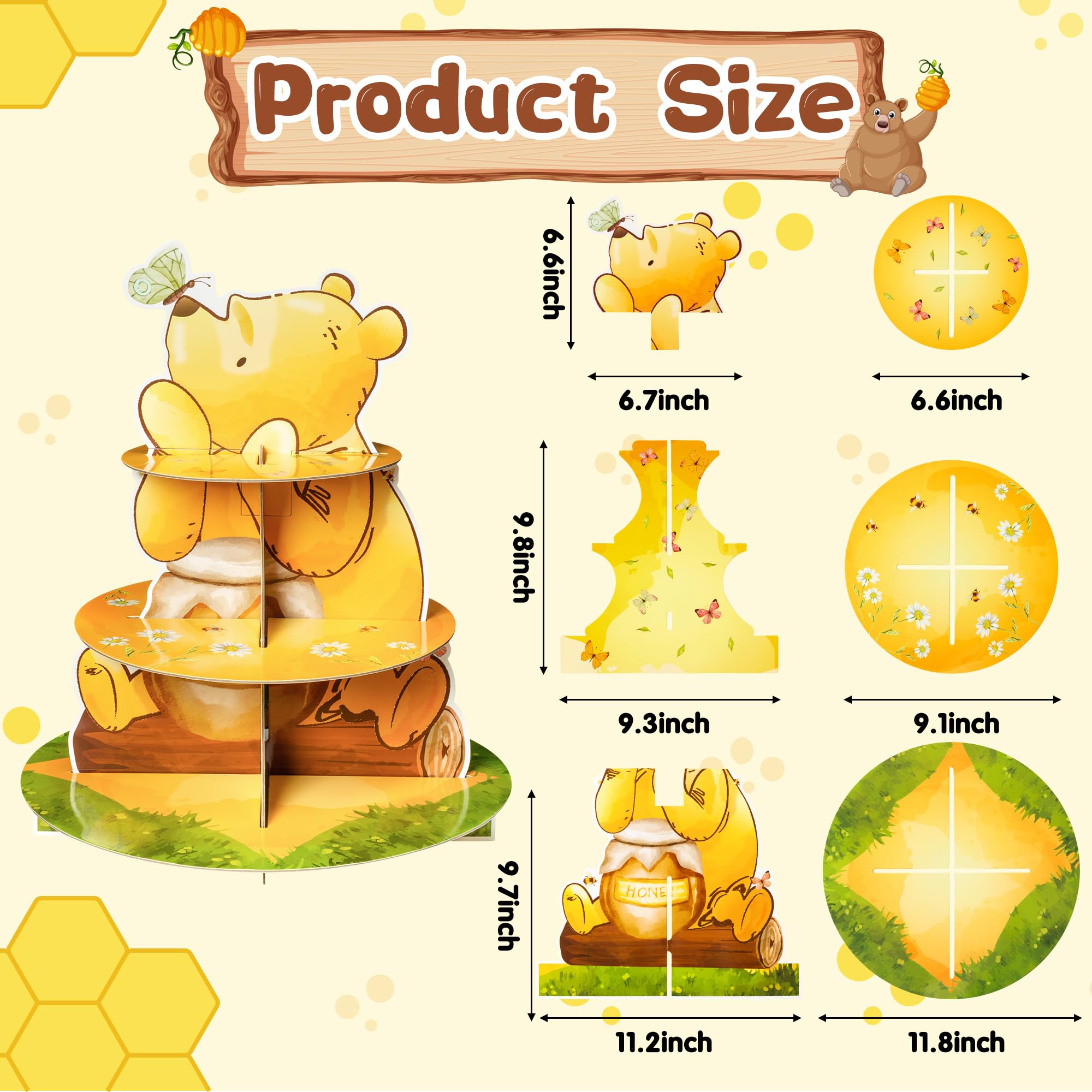 Z1juce Winnie Dessert Holder 3 Tier Winnie Party Dessert Holder Winnie Theme Cardboard Cake Stand for Birthday Party Decorations Winnie Cupcake Display for Boys Girls Birthday Party Supplies