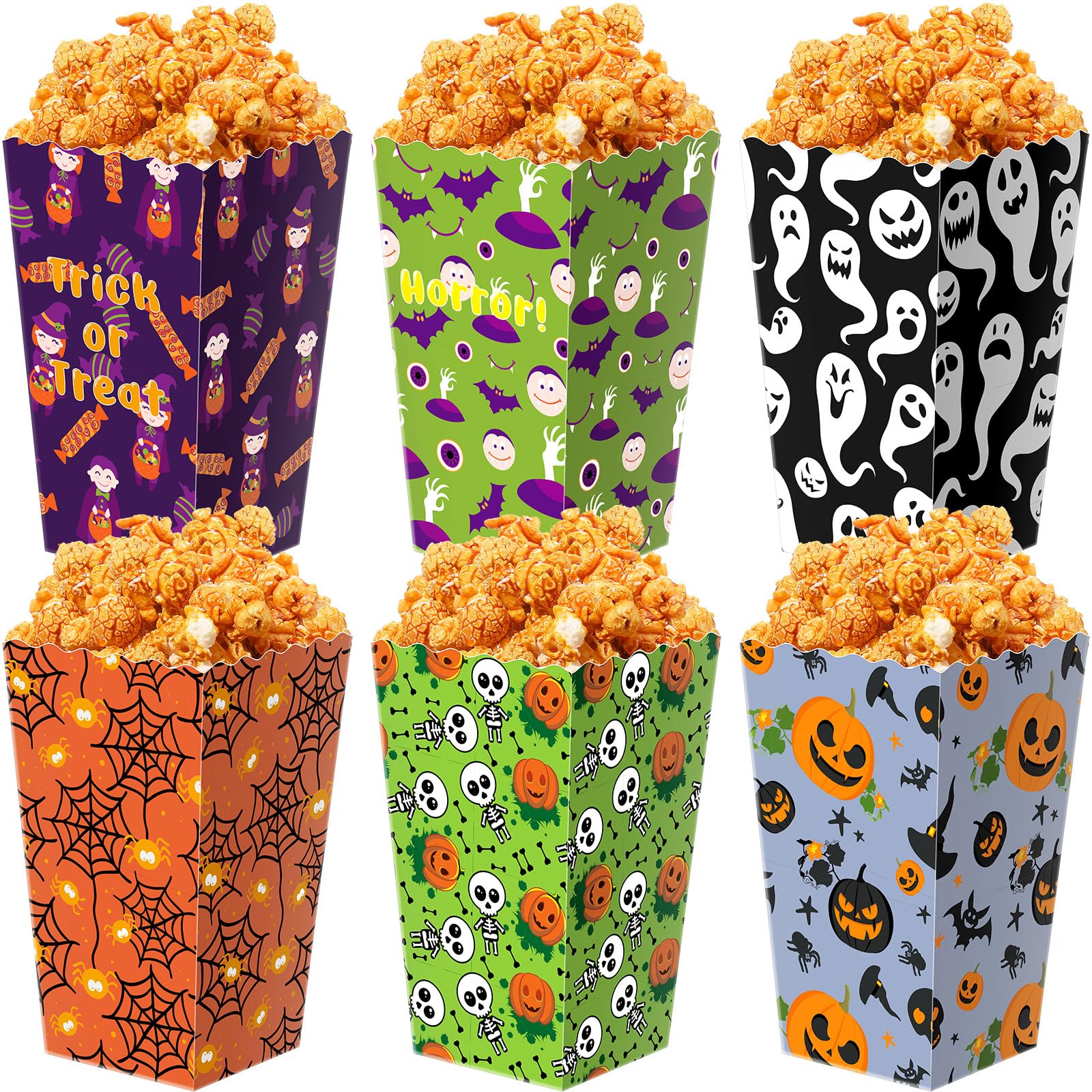 Roshtia 24 Pcs Halloween Theme Party Popcorn Favor Boxes in 6 Designs Trick or Treating Snack Treat Box Candy Cookie Container Event Party Favor Supplies, Halloween Snacks (Figure)