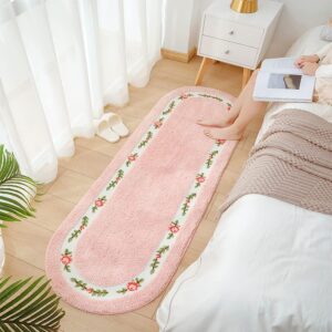 Pink Rose Rug Romantic Rose Flower Rug Shaggy Area Rugs Farmhouse Runner Rug Shaggy Floral Mat Modern Carpet Washable Floor Mats for Bedroom/Living Room/Bathroom/Laundry Room/Hallway