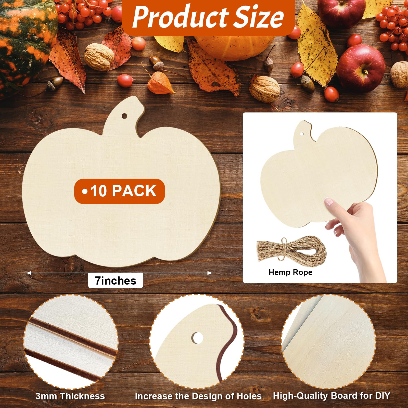 Large Size 7inch Wooden Halloween Thanksgiving Ornaments to Paint, DIY Blank Unfinished Pumpkin Wood Discs Ornament for Crafts Hanging Autumn Decorations 10PCS