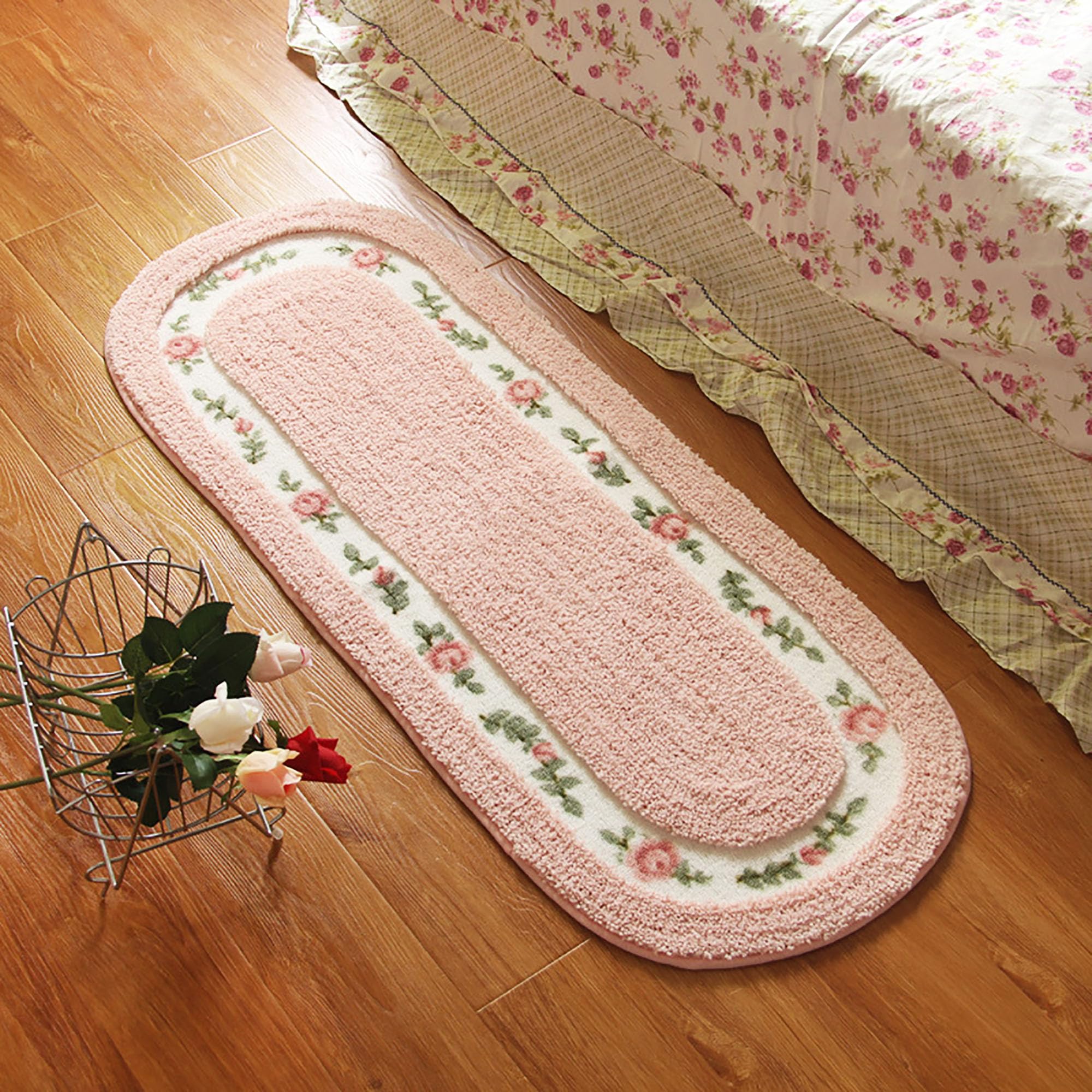 Pink Rose Rug Romantic Rose Flower Rug Shaggy Area Rugs Farmhouse Runner Rug Shaggy Floral Mat Modern Carpet Washable Floor Mats for Bedroom/Living Room/Bathroom/Laundry Room/Hallway